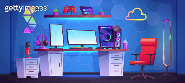 Gamer streamer room with computer desk vector 이미지 (1532982959) - 게티이미지뱅크