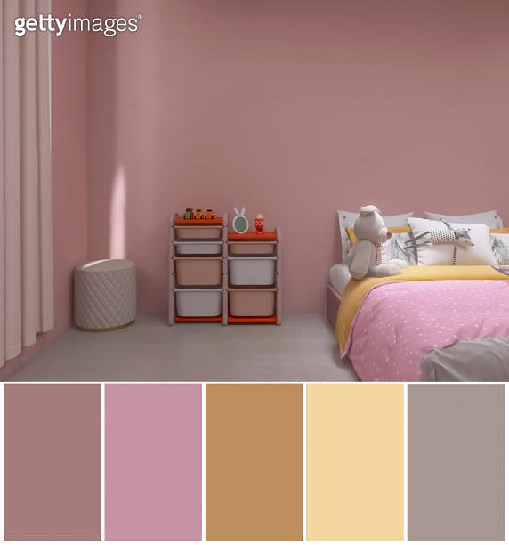 Children's room interior 3d render, 3d illustration, color swatch ...
