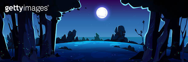 Summer night landscape with trees, bushes, grass 이미지 (1476998689) - 게티이미지뱅크