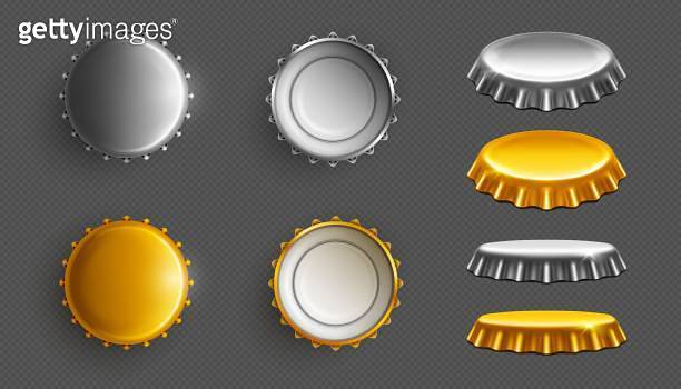 Beer bottle caps, gold and silver lids for glass 이미지 (1461340784) - 게티이미지뱅크