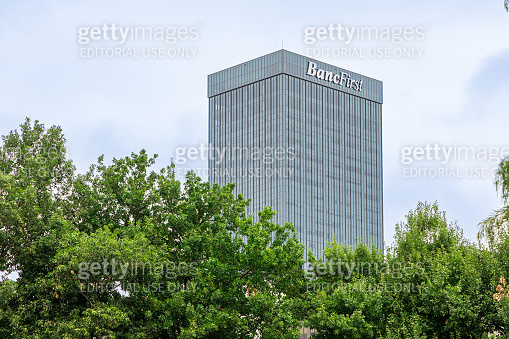 View of the modern BancFirst bank tower and Oklahoma City park ...