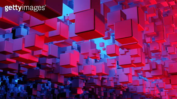 Illuminated cubes with blue red light on a platform on a black ...