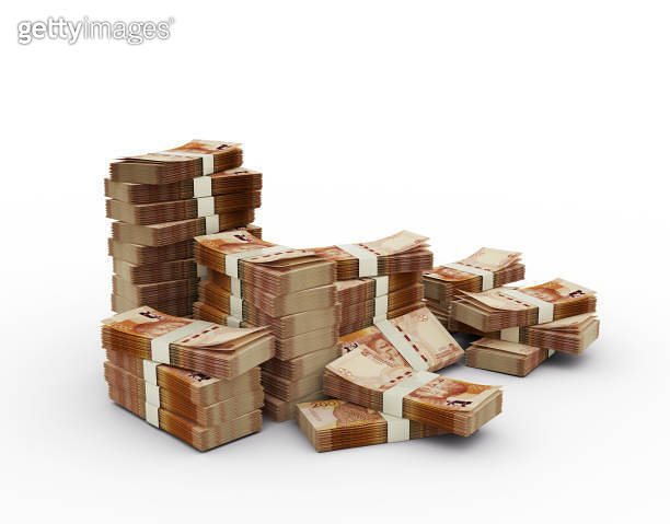 3d rendering of Stack of South African rand notes. Few bundles of South ...