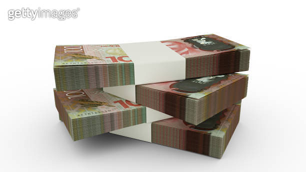 3d rendering of Stack of 100 New Zealand dollar notes. Few bundles of ...
