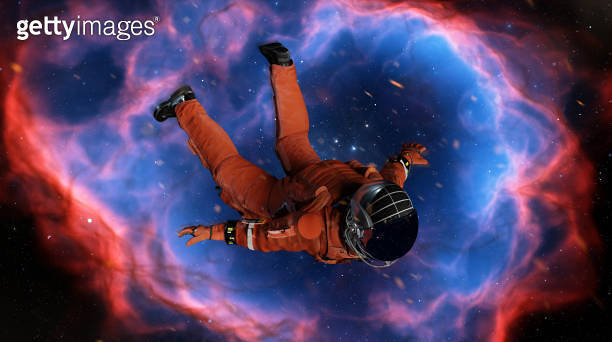 Flight of astronaut cosmonaut in space. Cosmic weightlessness, gravity ...