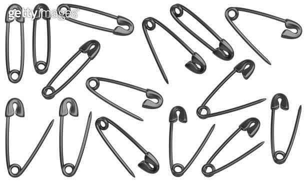 Realistic open and closed black sewing safety pin in different ...