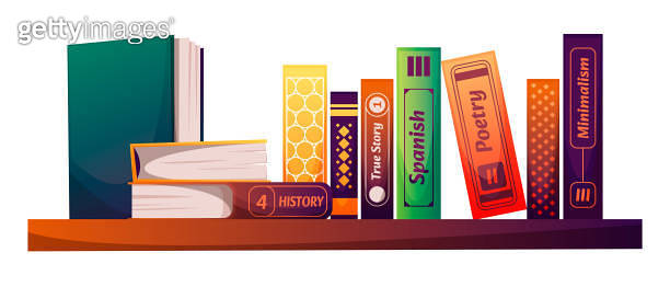 Book shelf. Cartoon fantasy fiction library with colorful books, child ...