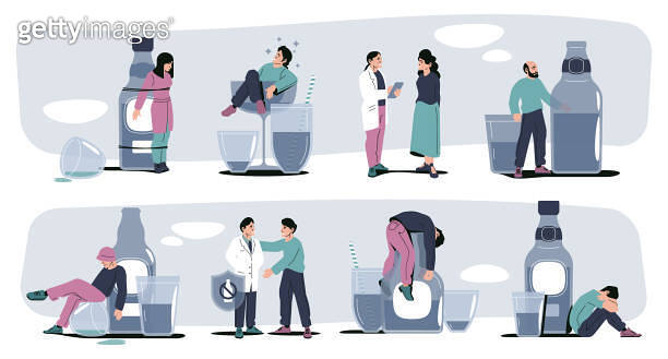 Alcohol abuse people. Cartoon drunk man and woman, alcohol addiction ...