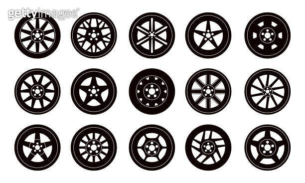 Black car rims. Automobile disc rims silhouette, round vehicle steel ...