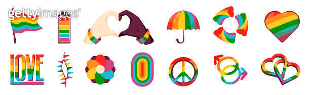 LGBTQ community symbols. Set of colorful LGBT parade symbols, groovy ...