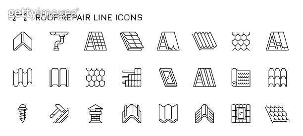Roof repair icons. Roof building repair and renovation pictograms ...