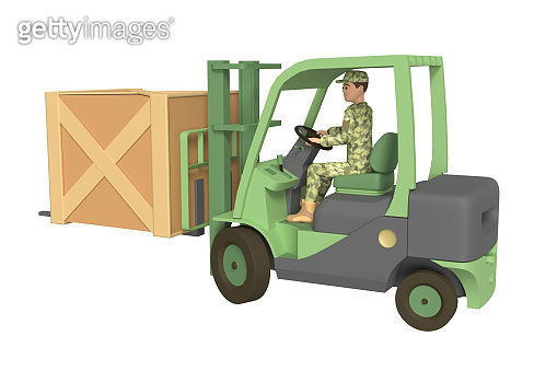 Man in military uniform are loading boxes with a forklift. 3d rendering ...