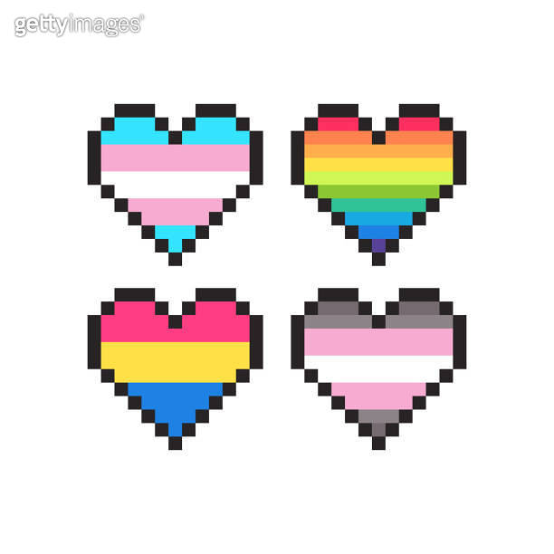 Pixel art lgbt flags in heart shapes. lgbt pixel heart icons set ...
