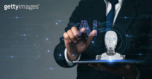 artificial intelligence Businessman using AI smart robot technology inputting commands to ...