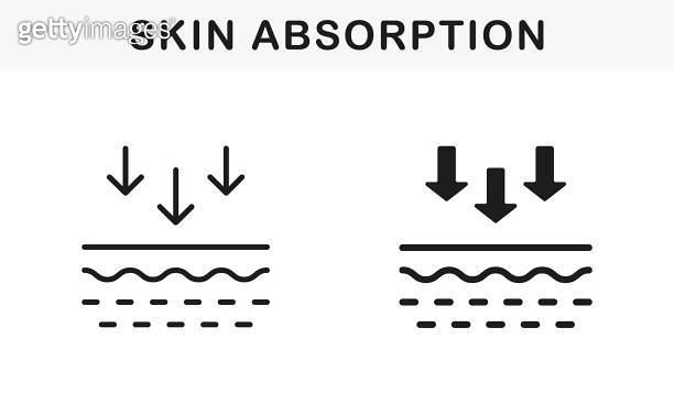 Skin Absorption Line and Silhouette Black Icon Set. Penetration of UV ...