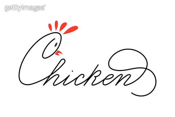 Handwritten word chicken with drawn scallop, beak and eye. 이미지 ...