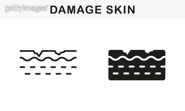 Damage Skin, Dermatology Problem Line and Silhouette Black Icon Set ...