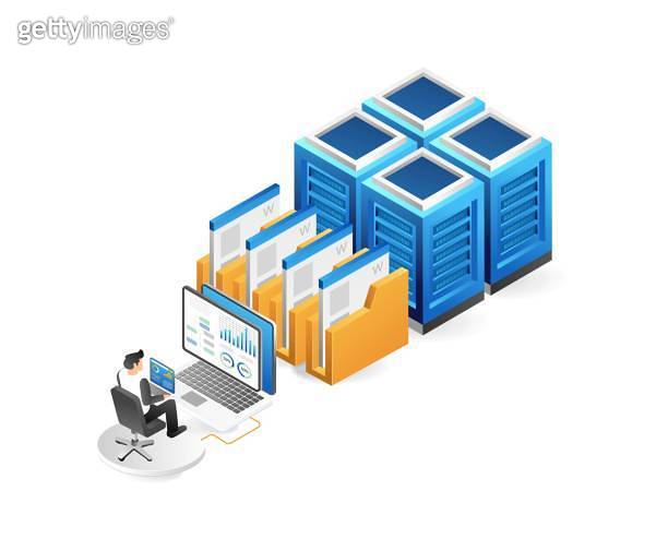 Isometric data center concept. Cloud storage and hosting. Data center server room and cloud ...