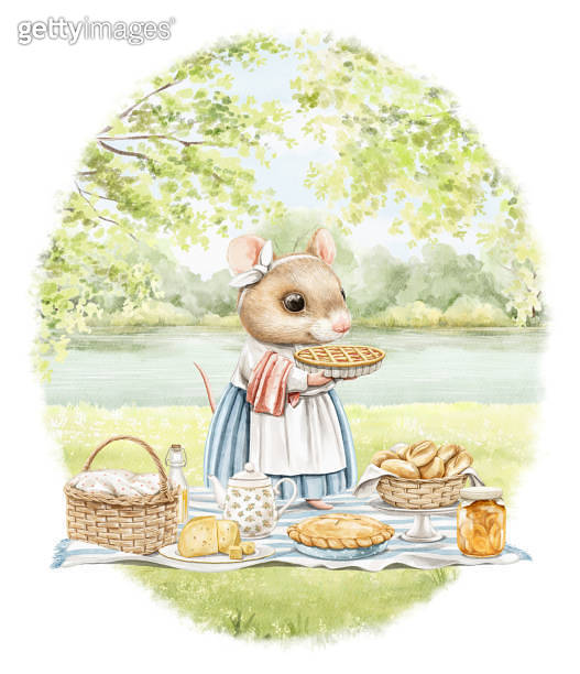 Watercolor cartoon composition with mouse animals on picnic in summer ...
