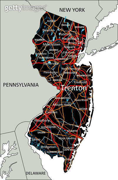 High detailed New Jersey road map with labeling. 이미지 (1460688753) - 게티이미지뱅크