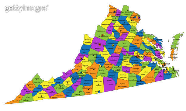 Colorful Virginia political map with clearly labeled, separated layers ...