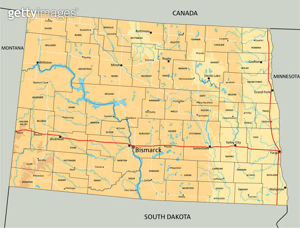 Highly detailed North Dakota physical map with labeling. 이미지 ...