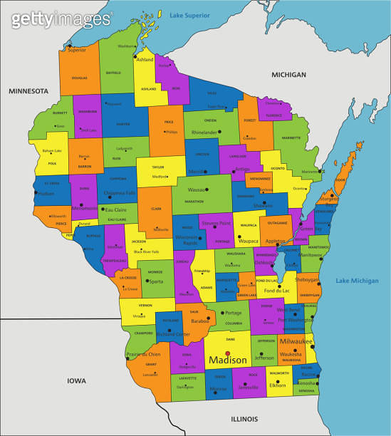Colorful Wisconsin political map with clearly labeled, separated layers ...