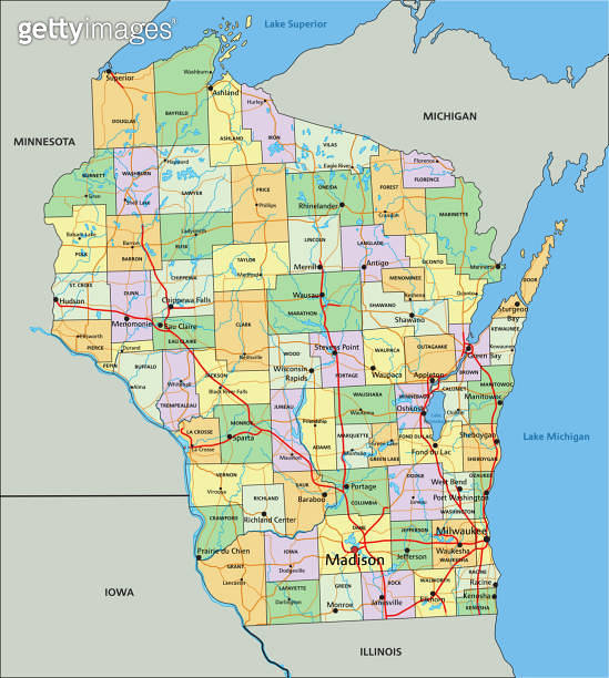 Wisconsin - Highly detailed editable political map with labeling ...