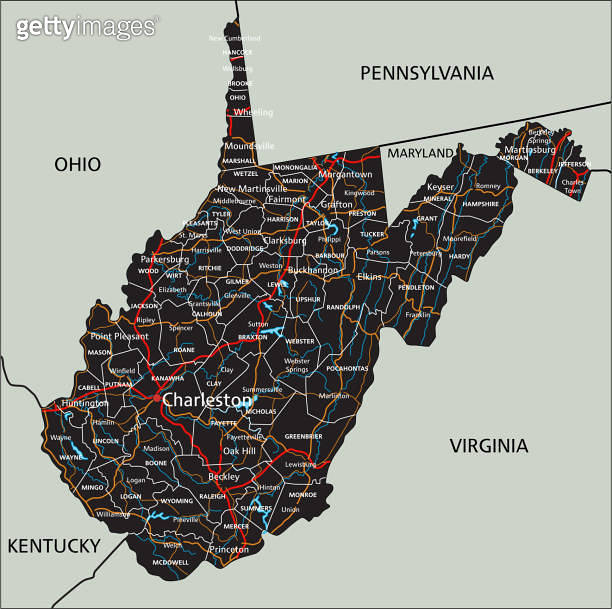 High detailed West Virginia road map with labeling. 이미지 (1467807139 ...