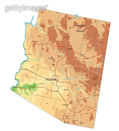 High detailed Arizona physical map with labeling. (1455242141) 일러스트, 무료 ...