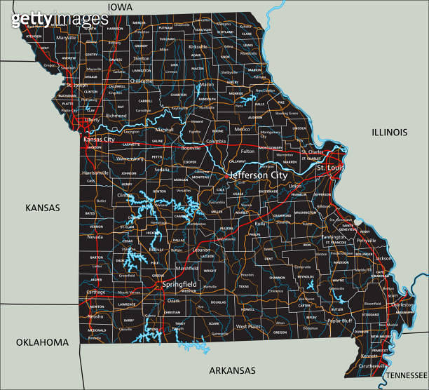 High detailed Missouri road map with labeling. 이미지 (1459323260) - 게티이미지뱅크