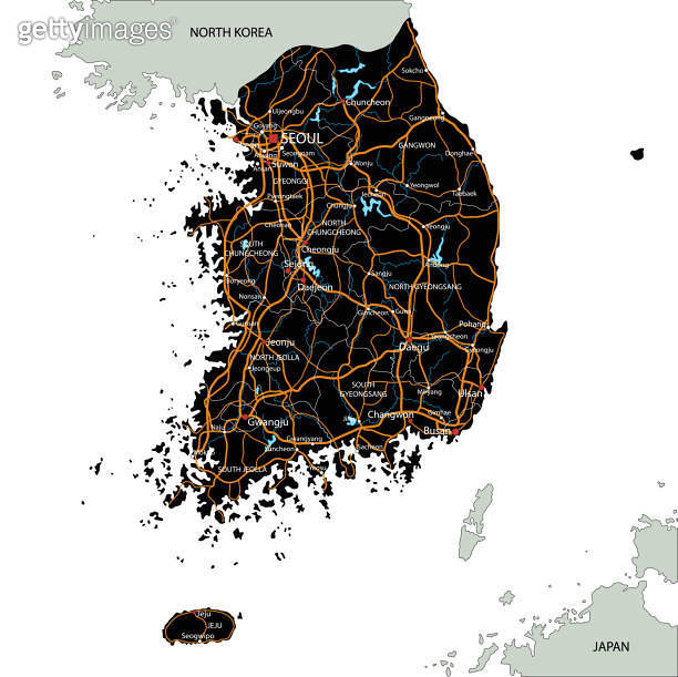 High detailed South Korea road map with labeling. 이미지 (1477084399) - 게티 ...