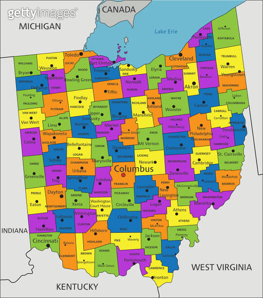 Colorful Ohio political map with clearly labeled, separated layers ...