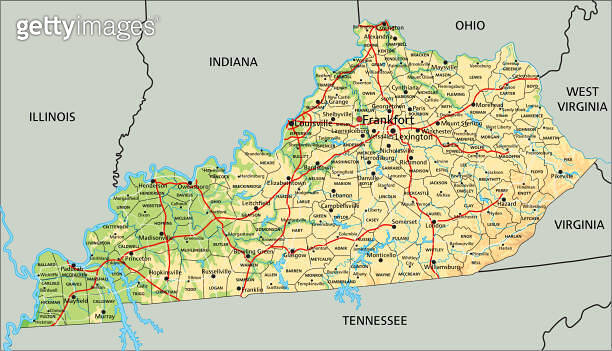 High detailed Kentucky physical map with labeling. 이미지 (1457351209 ...