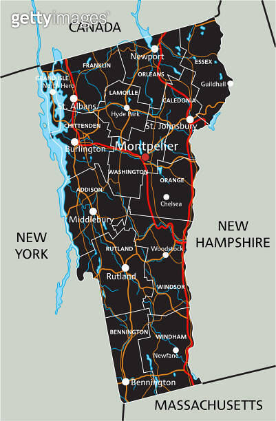 High detailed Vermont road map with labeling. 이미지 (1465457912) - 게티이미지뱅크