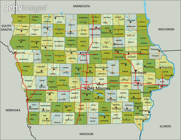 Highly detailed editable political map with separated layers. Iowa. 이미지 ...
