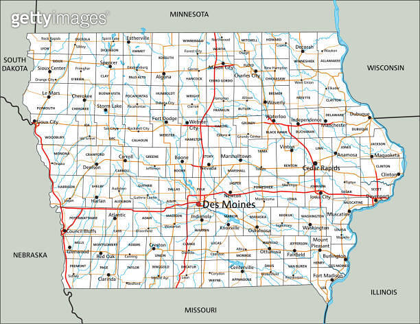 High detailed Iowa road map with labeling. 이미지 (1457030019) - 게티이미지뱅크
