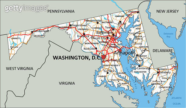 High detailed Maryland road map with labeling. (1457615835) 일러스트, 무료 ...