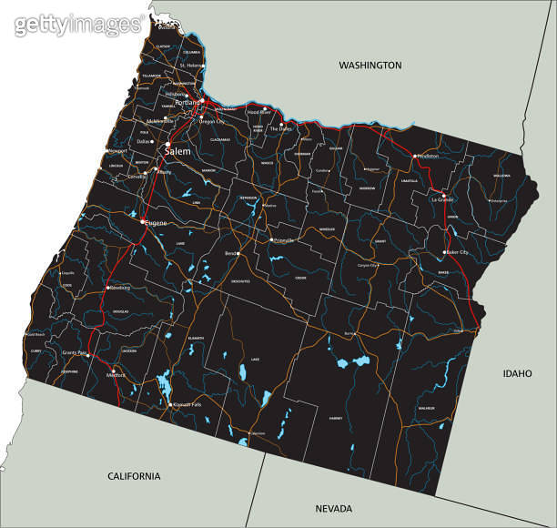 High detailed Oregon road map with labeling. 이미지 (1462032085) - 게티이미지뱅크