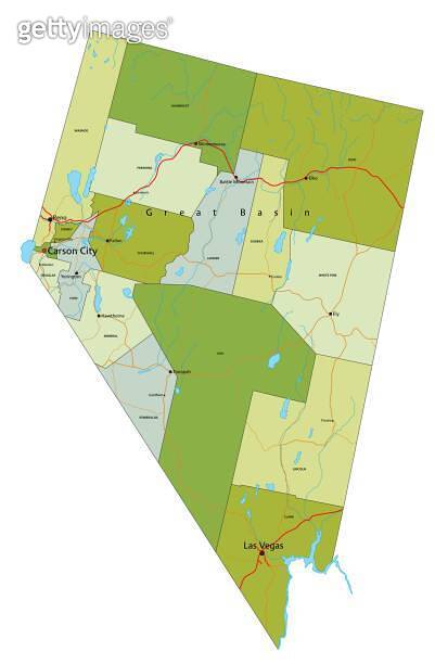 Highly detailed editable political map with separated layers. Nevada ...