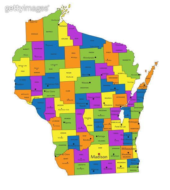 Colorful Wisconsin political map with clearly labeled, separated layers ...