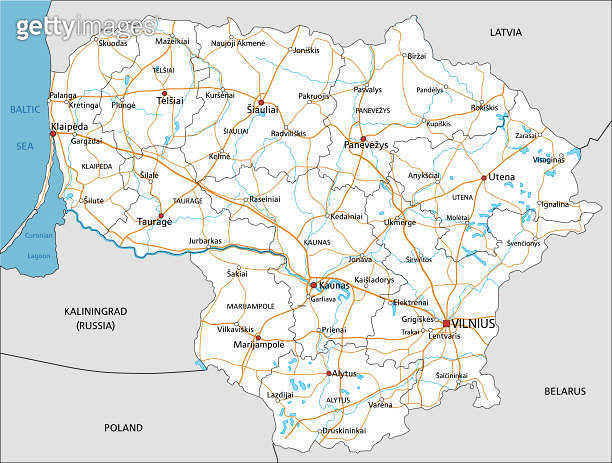 High detailed Lithuania road map with labeling. 이미지 (1474990020) - 게티이미지뱅크