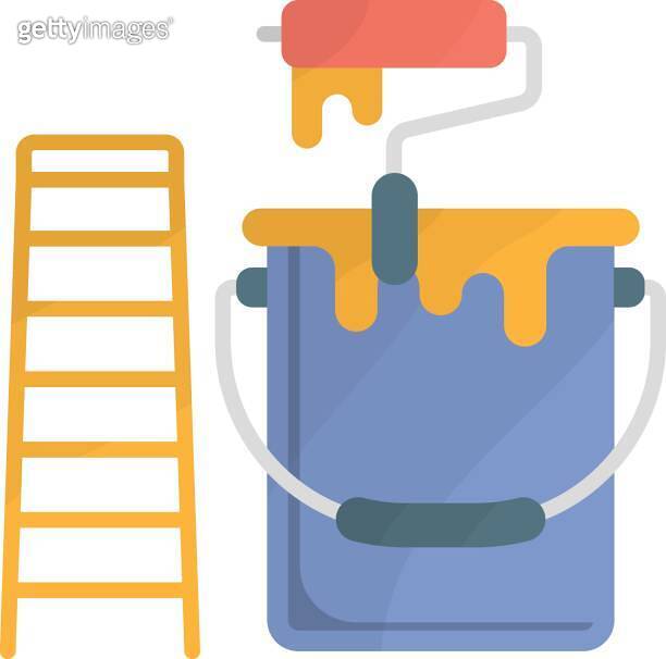 Paint Bucket with Roller and Step Ladder concept, painter and decorator ...