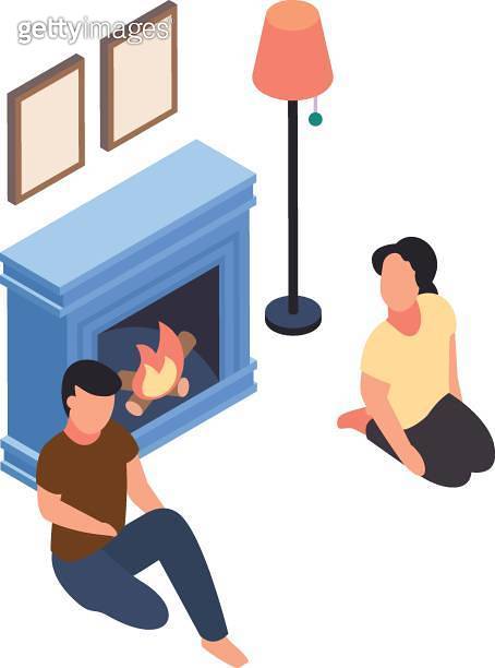 Couple Sitting In Front Of Fireplace isometric Concept, Winter Vocation ...