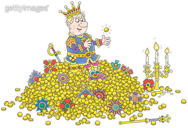 Angry king on a pile of gold coins and jewels (1463641822) 일러스트, 무료 ...