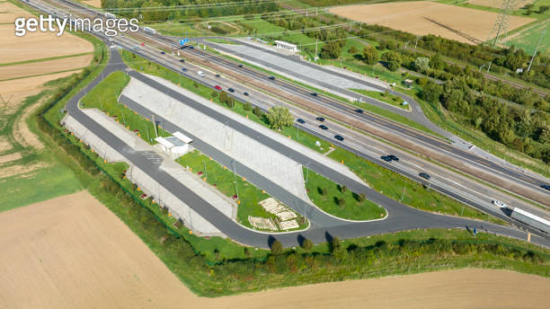 Empty rest area due to road works on German highway - aerial view ...