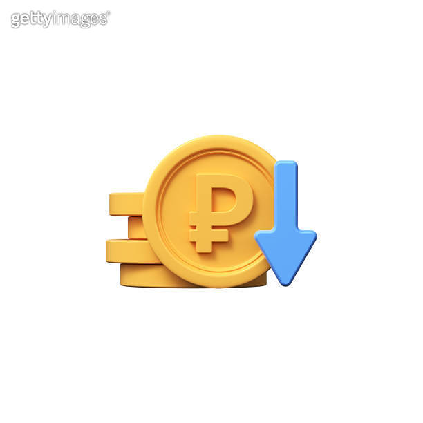 Golden ruble coin with down arrow. Economy, finance, money, investment ...