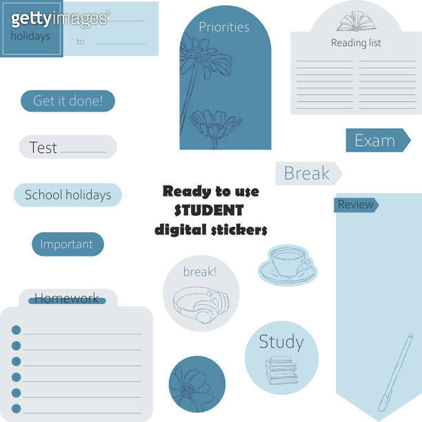 Student's digital stickers. Digital note papers and stickers for bullet ...