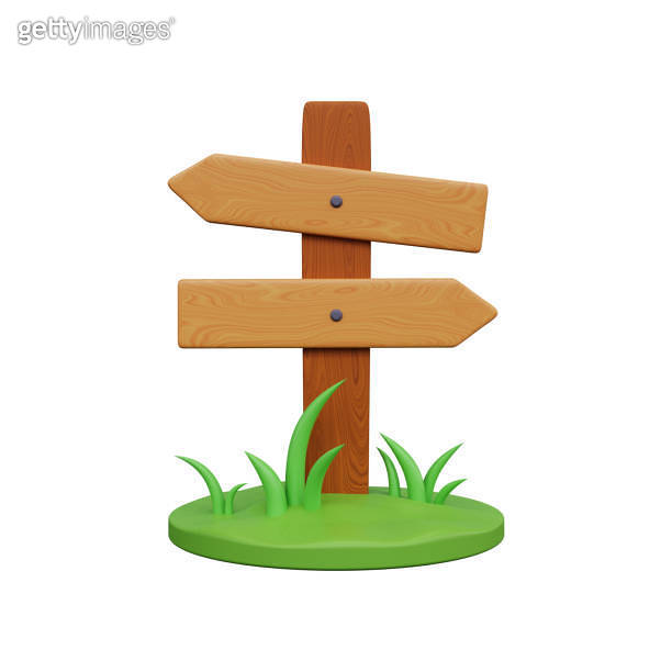 Wooden direction indicator post with an arrow. 3d cartoon road sign ...