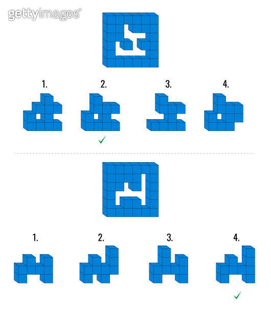 IQ question missing cubes set with four options (1694365405) - 게티이미지뱅크